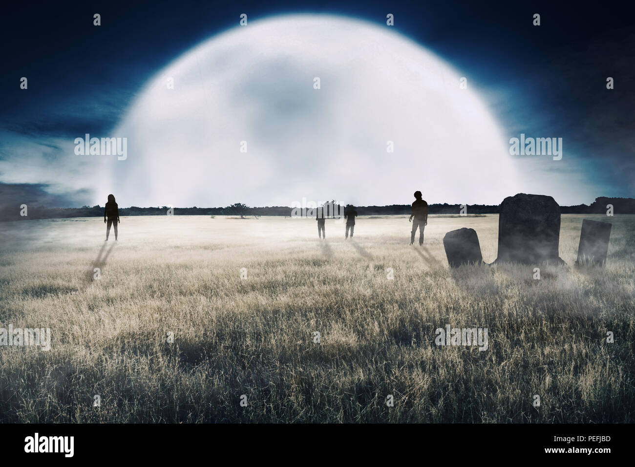 Crowd of zombies looked from far away walking approaching. Halloween ...