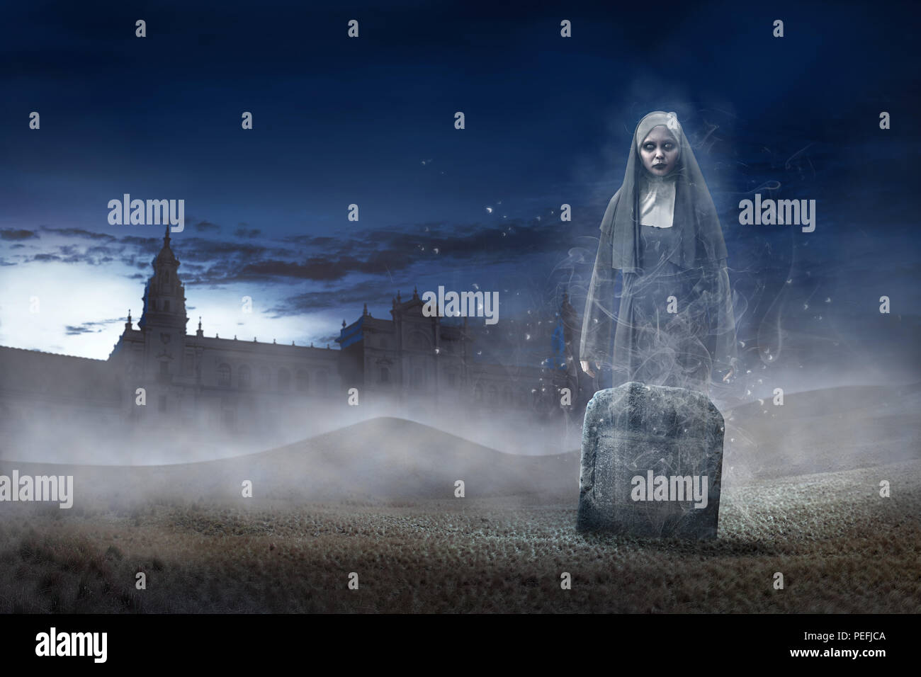 Evil ghost nun rise up from her grave on the midnight Stock Photo - Alamy