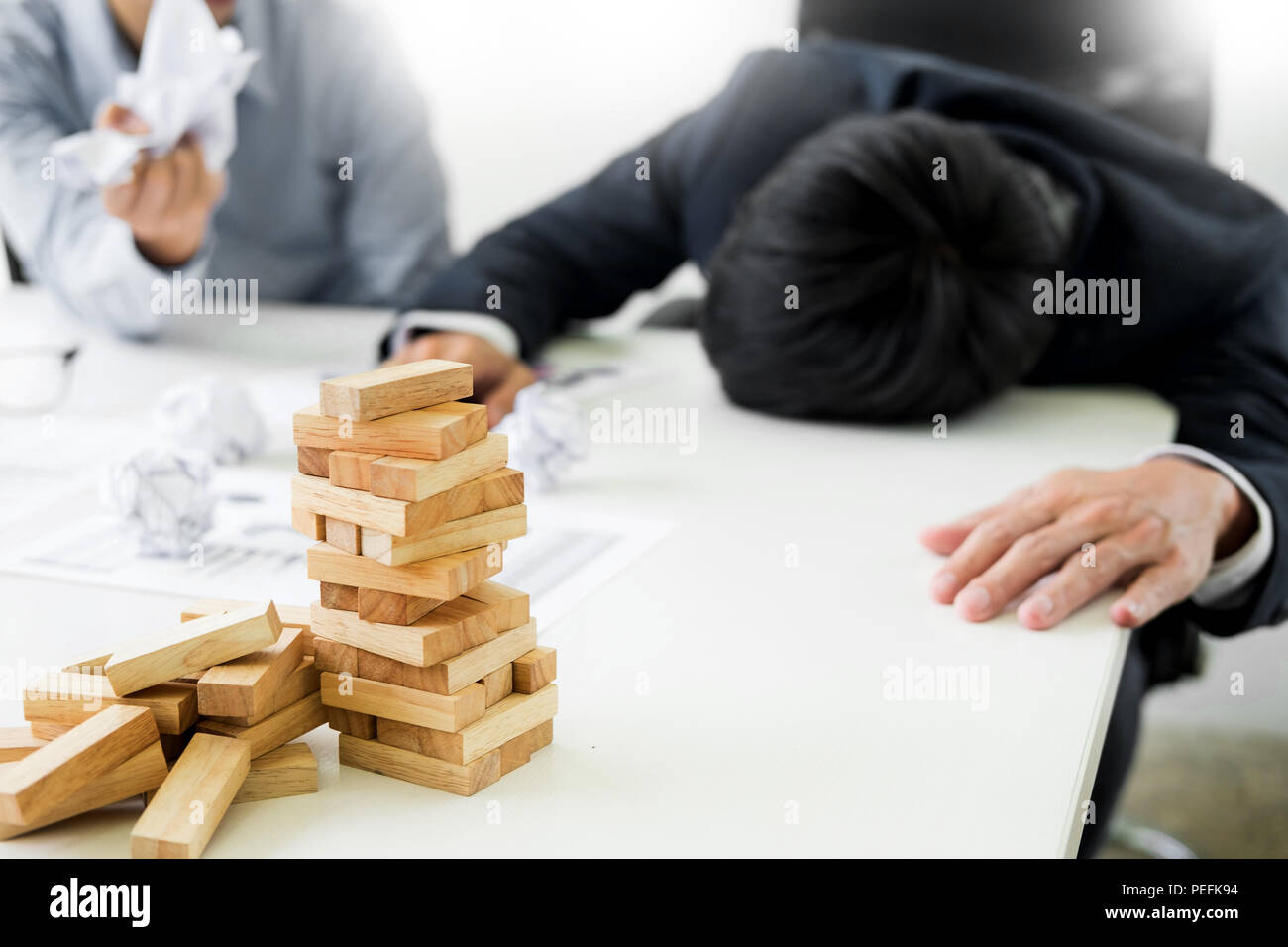 Depressed failure and tired businessman late sad and solving problem in ...