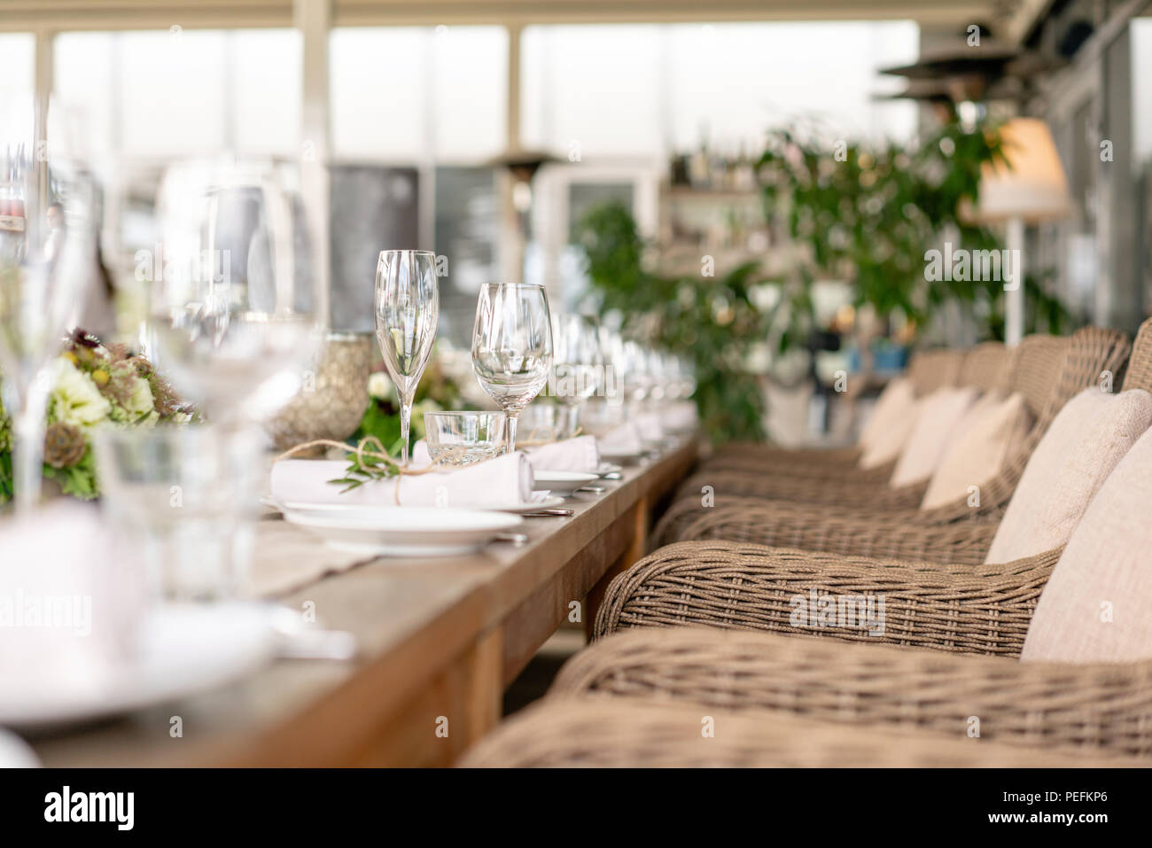 Wedding Banquet or gala dinner. The chairs and table for guests, served ...