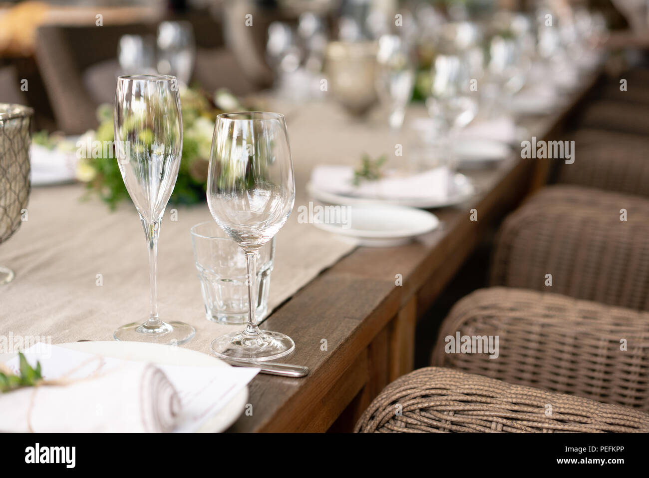 Wedding Banquet or gala dinner. The chairs and table for guests, served ...