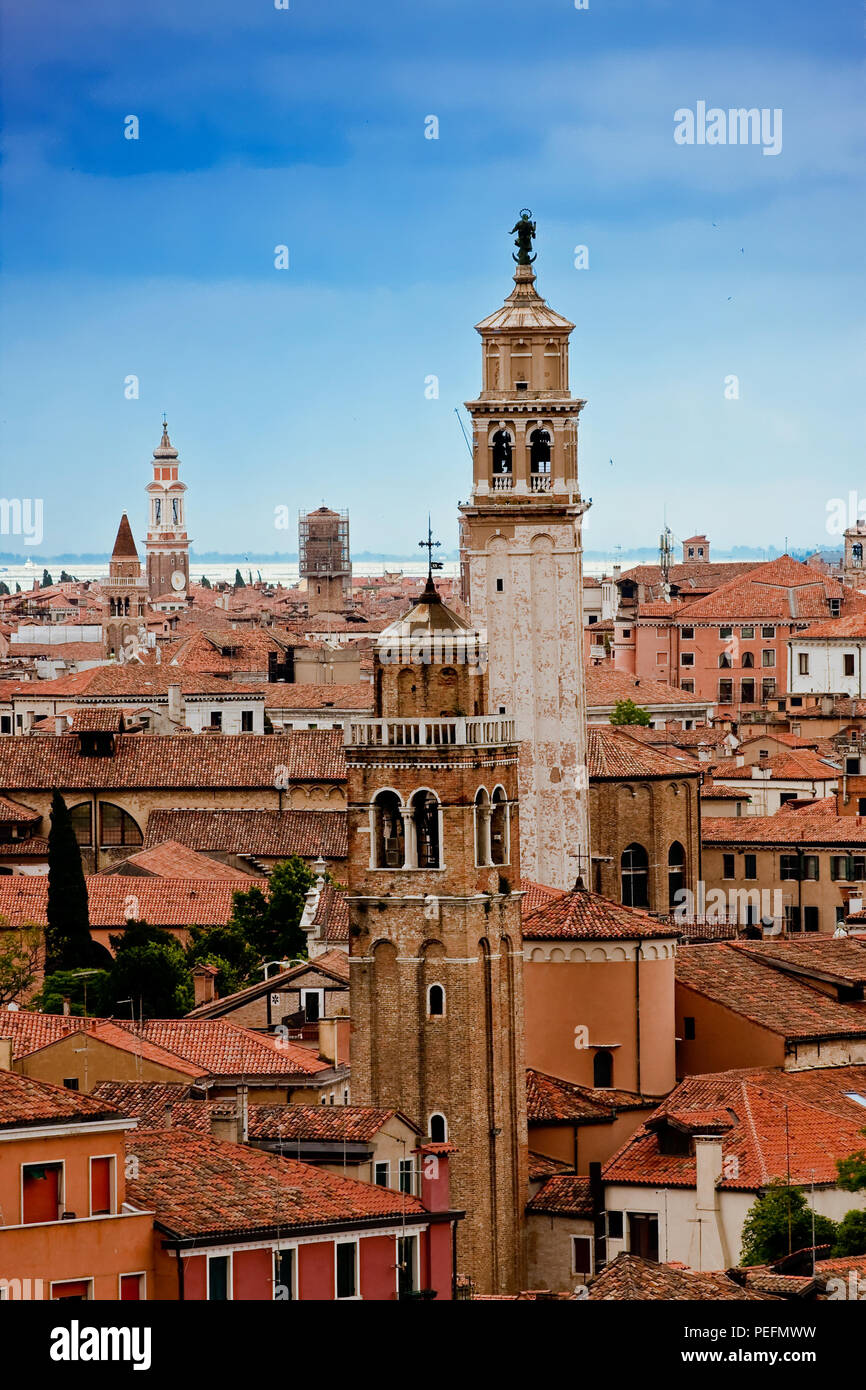 View of several bell towers across the rooftops of Venice Italy Stock ...