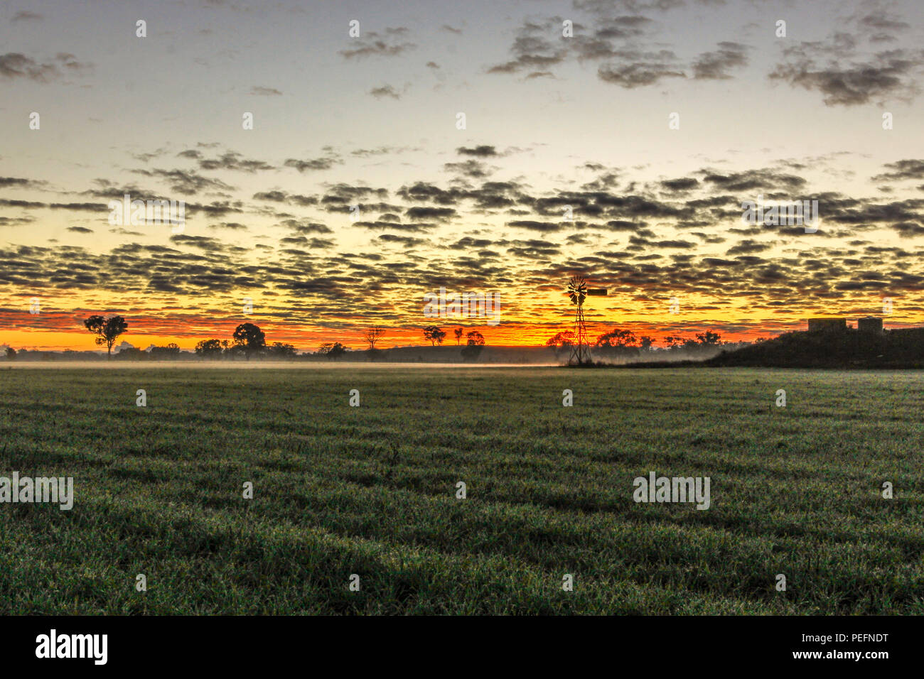Sun rising over windmill in paddock Stock Photo - Alamy