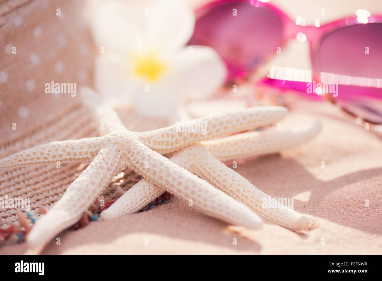Beach accessories including sunglasses, starfish, flower and hat beach ...