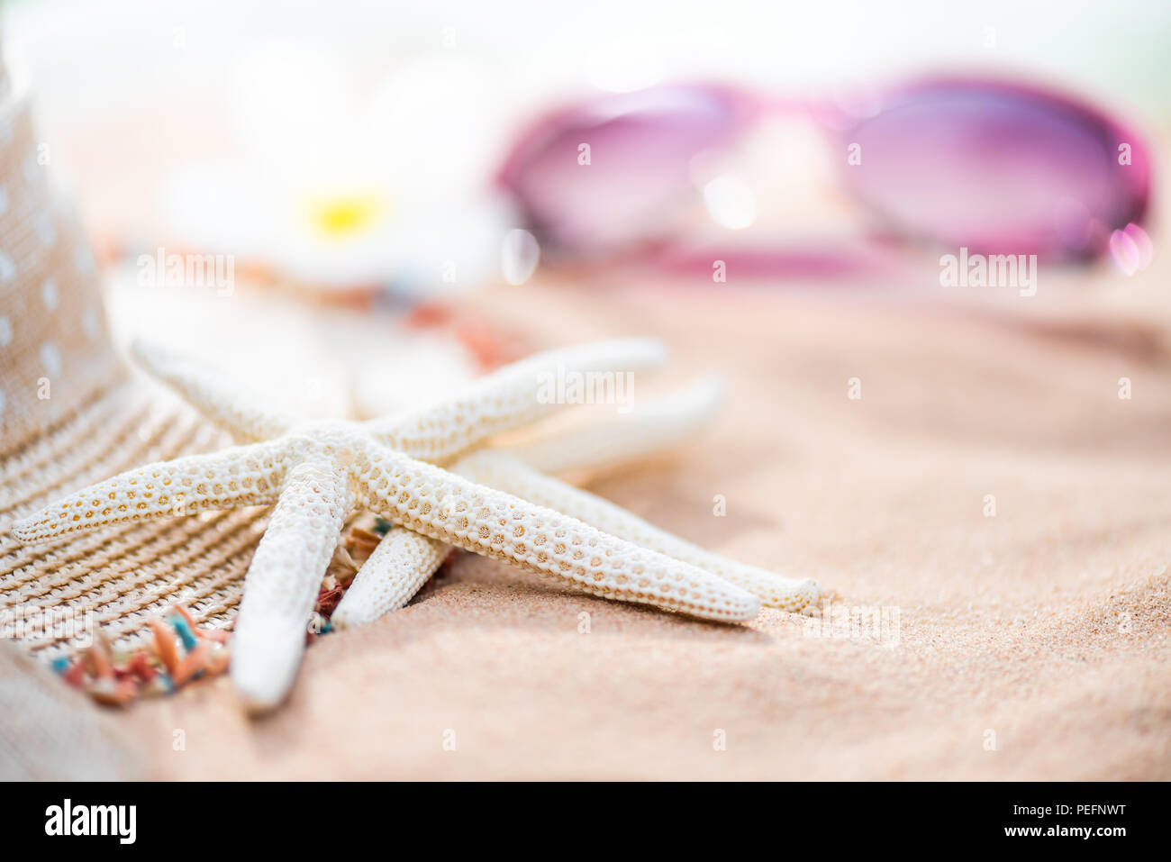 Beach accessories including sunglasses, starfish, flower and hat beach ...
