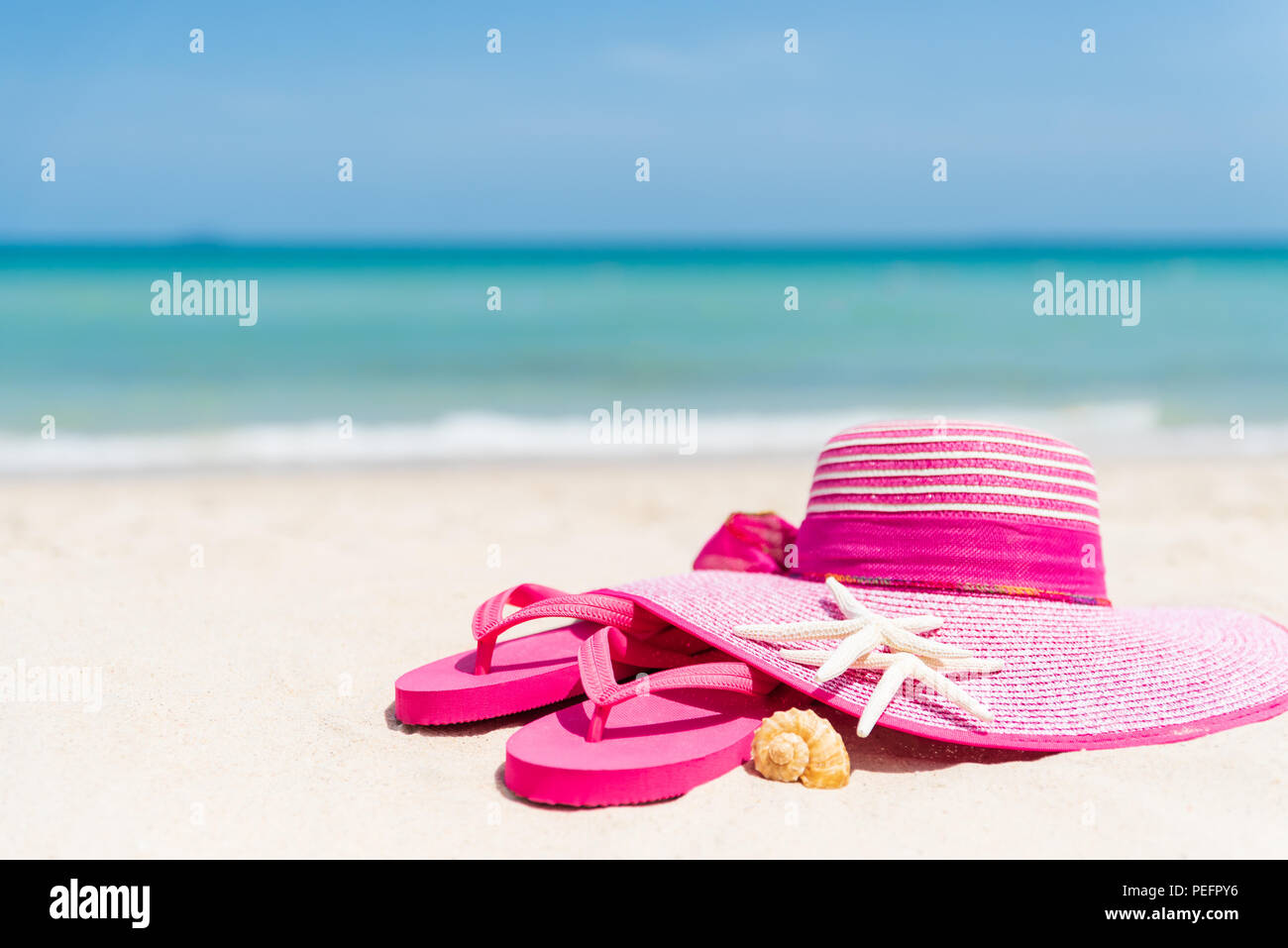 Beach accessories including pink flip flop, starfish, pink hat beach ...
