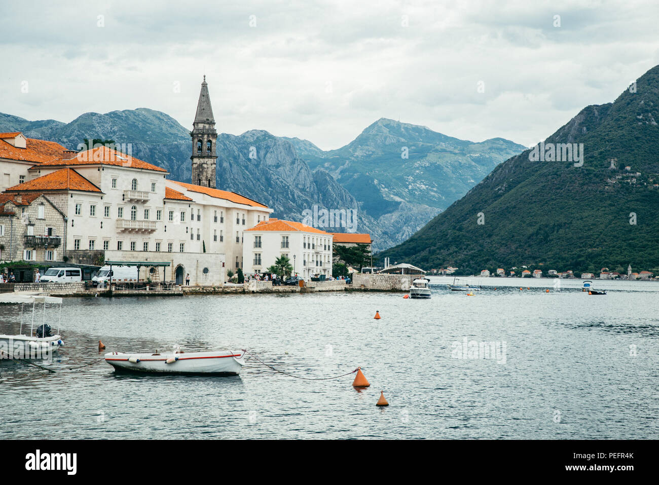 beautiful view of Perast town in Montenegro. overcast weather Stock ...