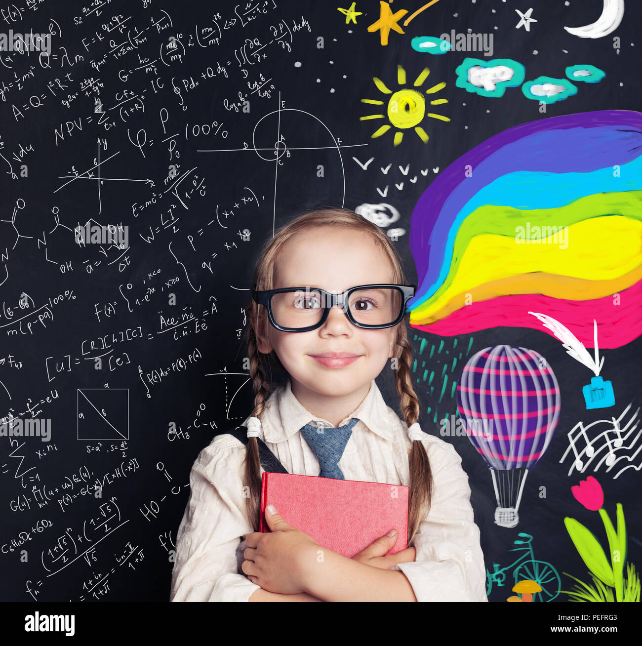 Little girl student on blackboard background with chalk math and ...