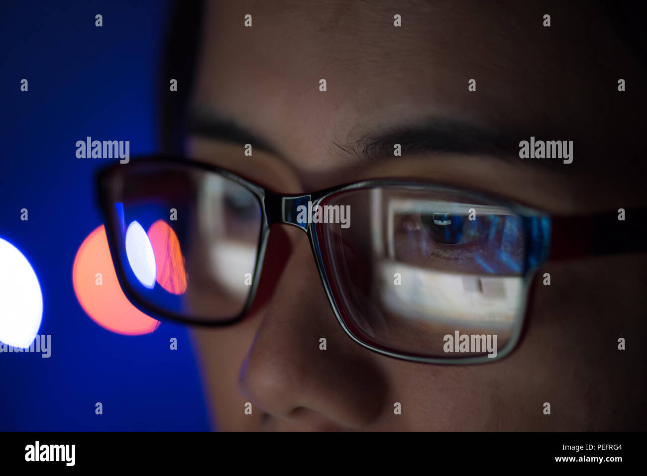 The image of computer screen in the glasess. Close up business woman ...