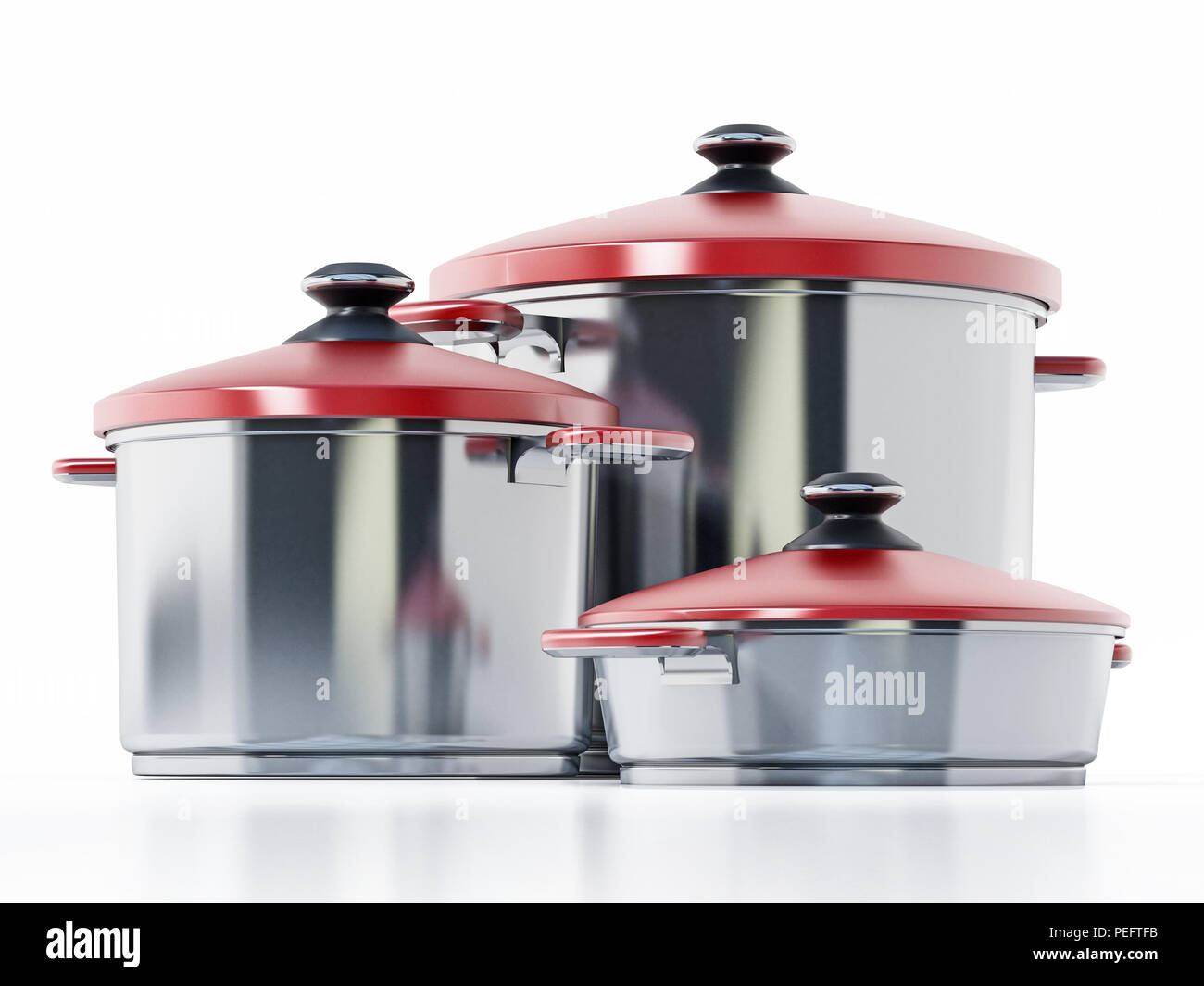 Cooking pots in various size isolated on white background. 3D ...