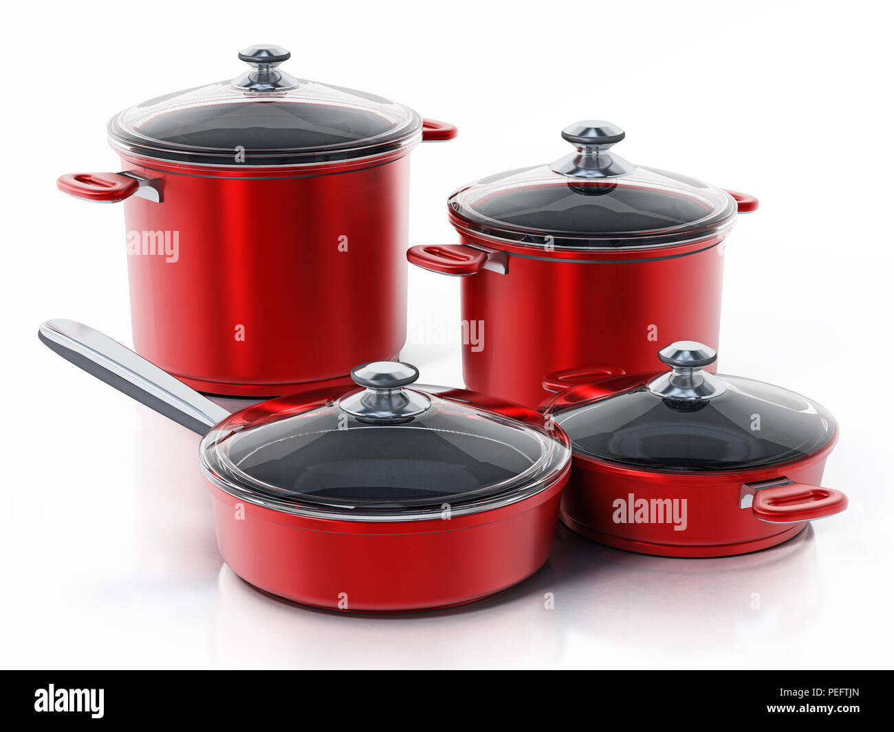 Cooking pots in various size isolated on white background. 3D ...