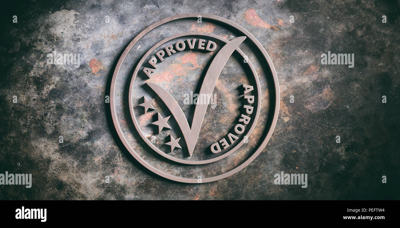 APPROVED badge. Round metal sign with text approved on metal background ...