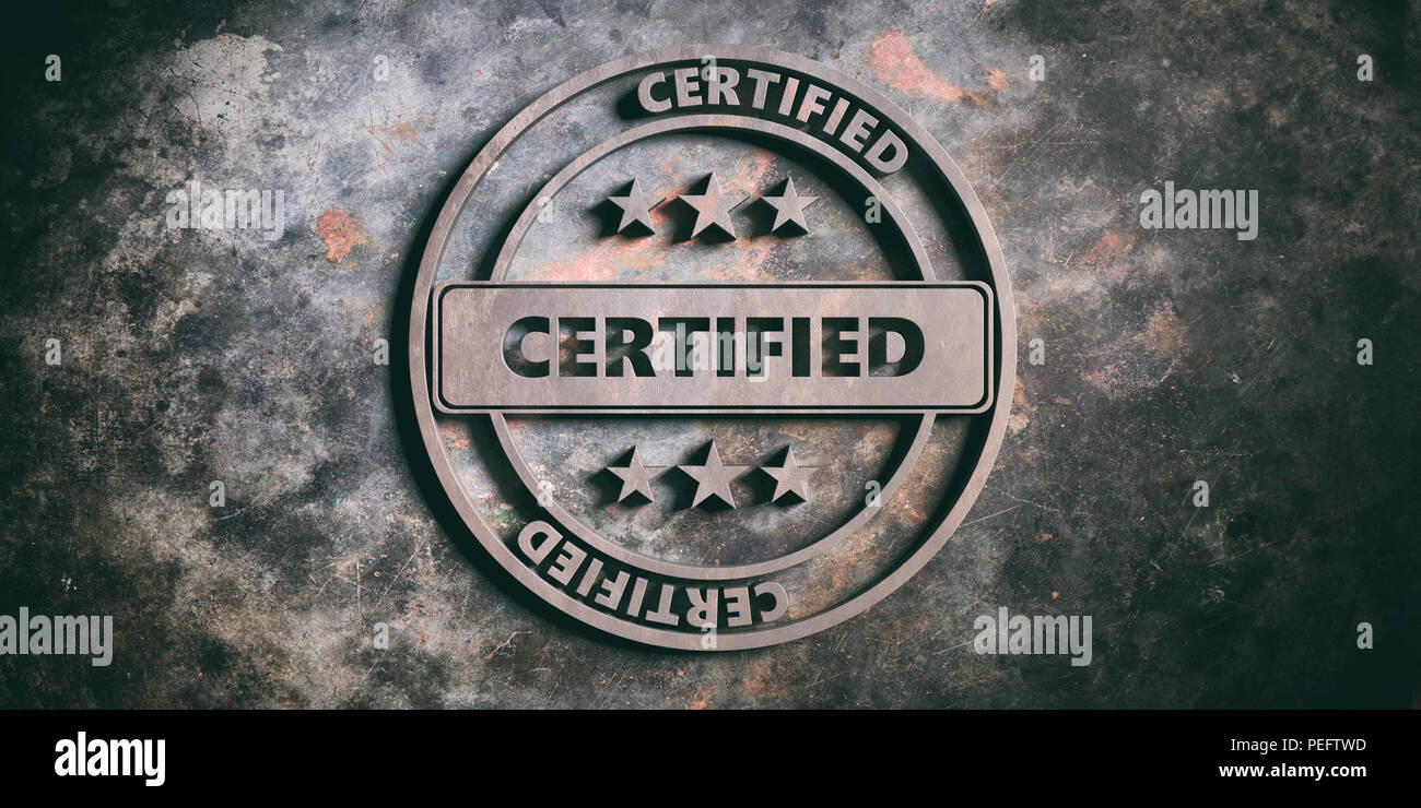 CERTIFIED badge. Round stamp sign with text cerified on metal ...