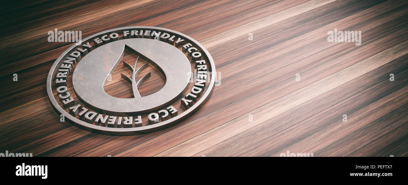 ECO FRIENDLY badge. Round metal sign with text eco friendly on wooden ...