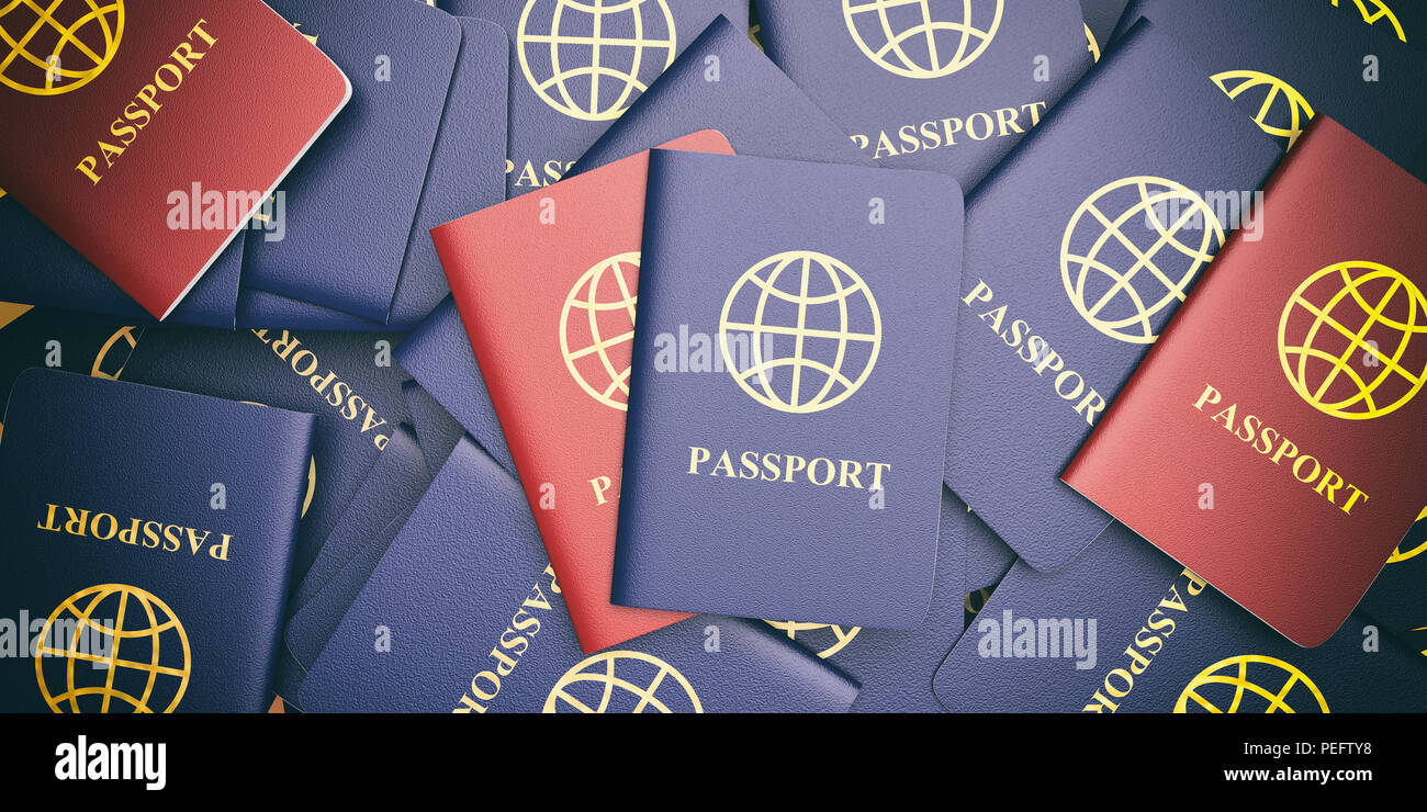 Travel concept. Blue and red passports background. 3d illustration ...