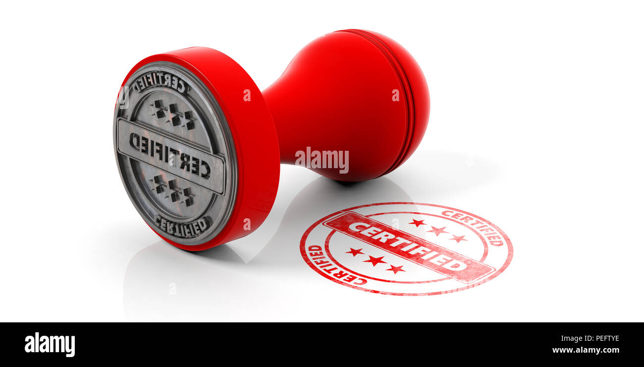 CERTIFIED stamp. Red round rubber stamper and stamp with text certified isolated on white ...