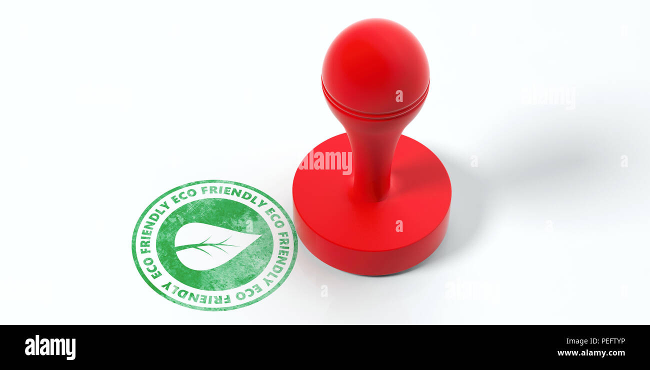 ECO FRIENDLY stamp. Red round rubber stamper and green stamp with text ...