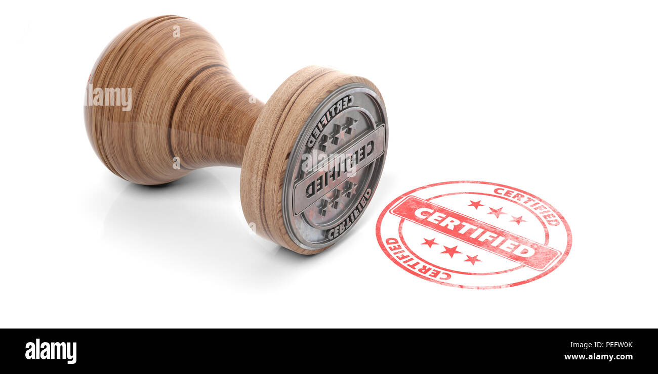 CERTIFIED stamp. Wooden round rubber stamper and stamp with text certified isolated on white ...