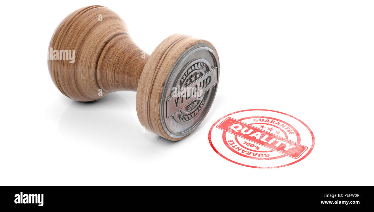 QUALITY stamp. Wooden round rubber stamper and stamp with text quality isolated on white ...