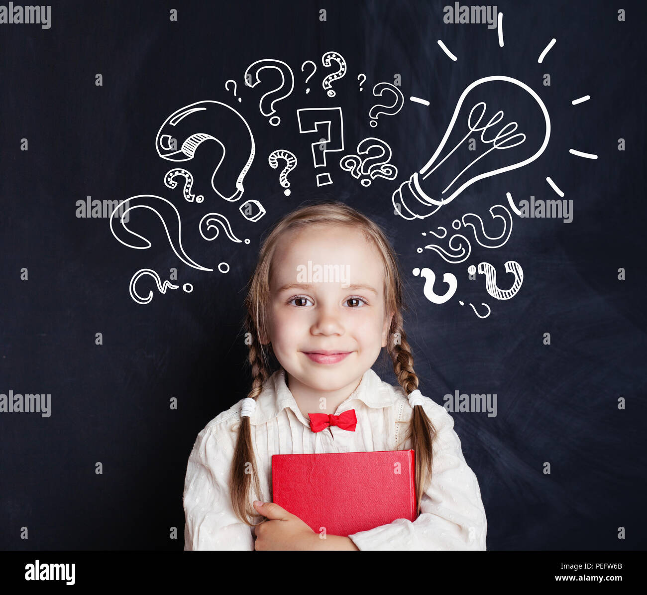 Child ideas. Happy child school student with lightbulb and question ...