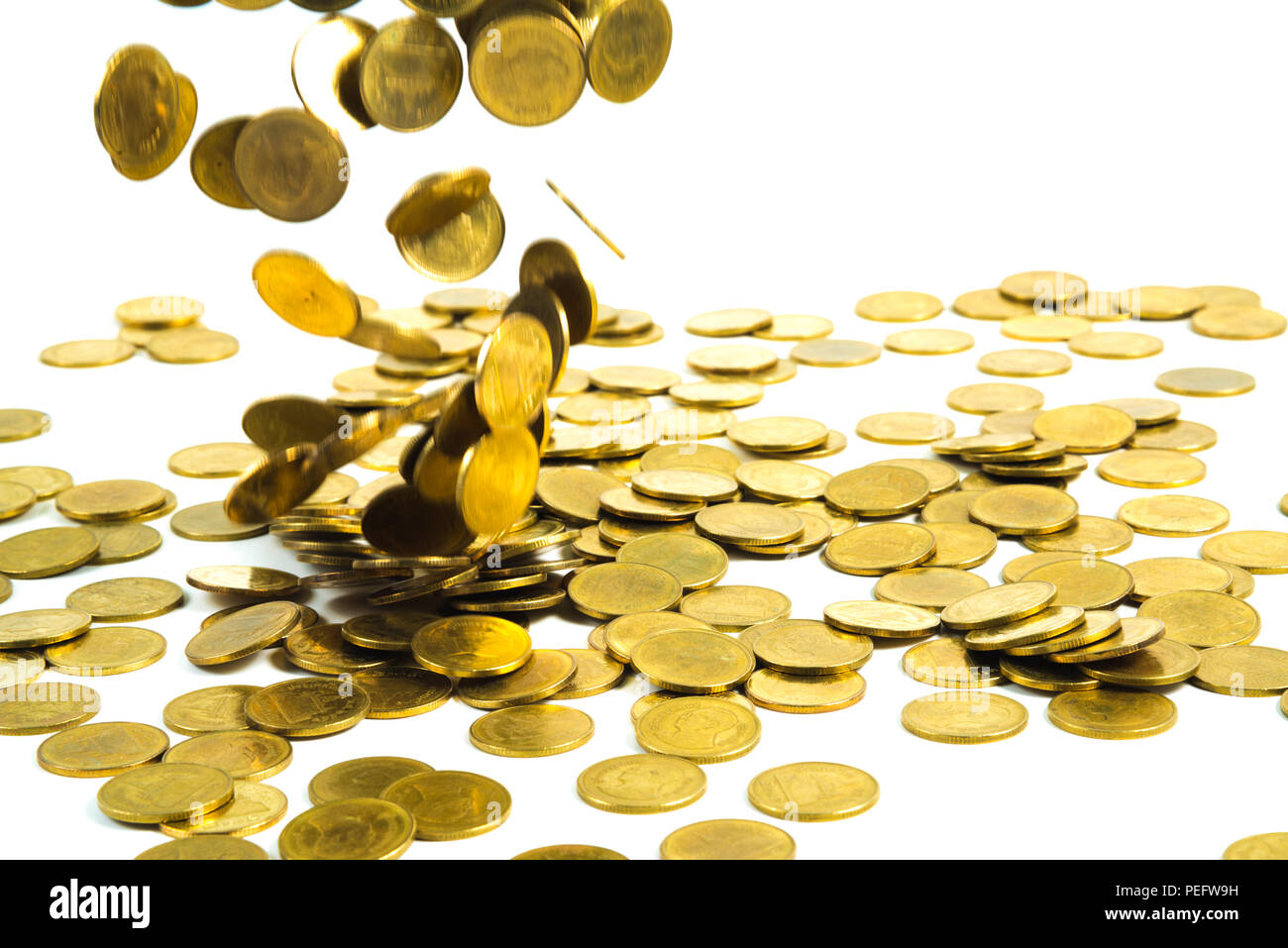 Falling gold coins money isolated on the white background, business ...