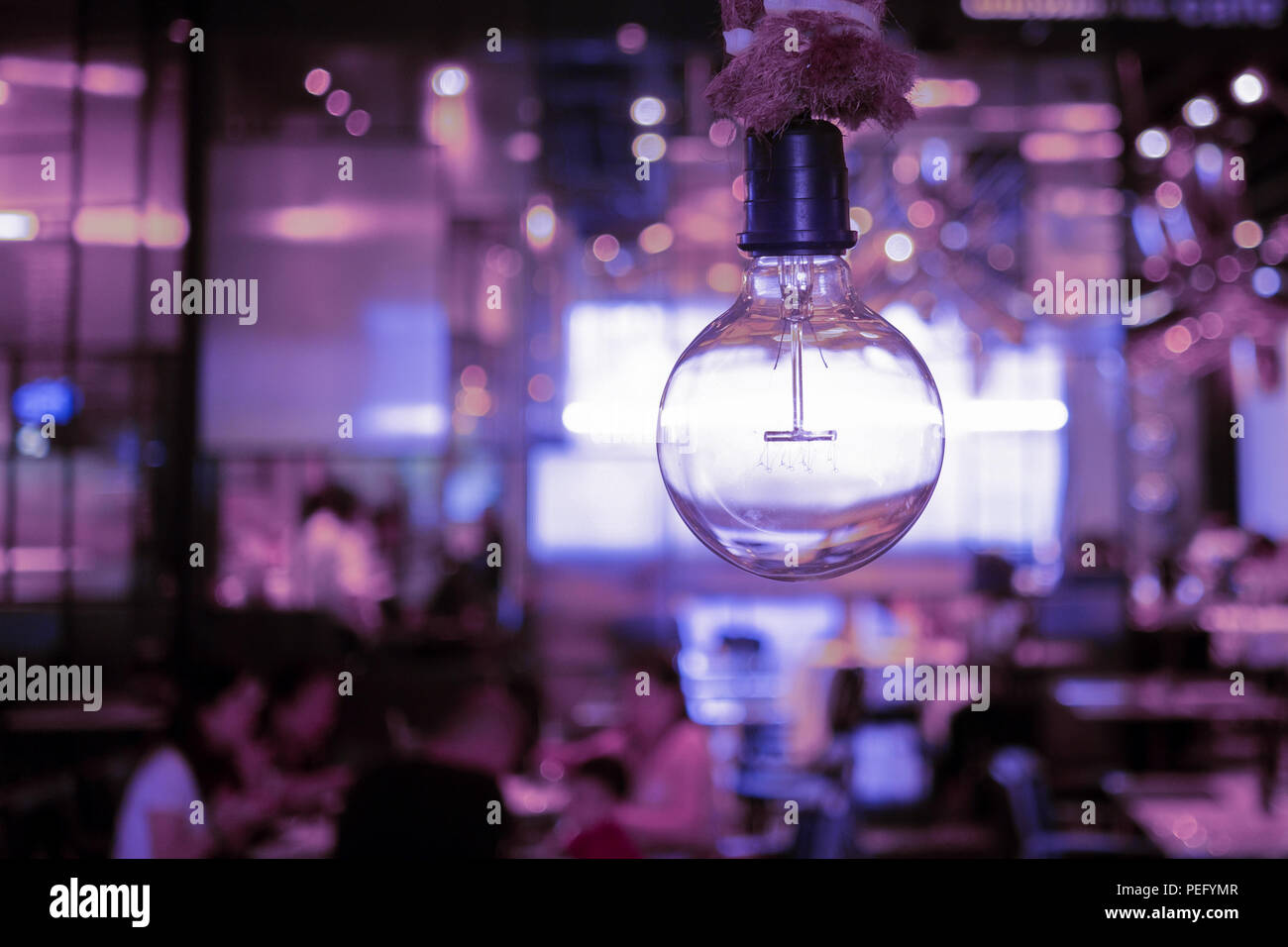 Hanging incandescent light bulb in blur pub and restaurant with purple ...