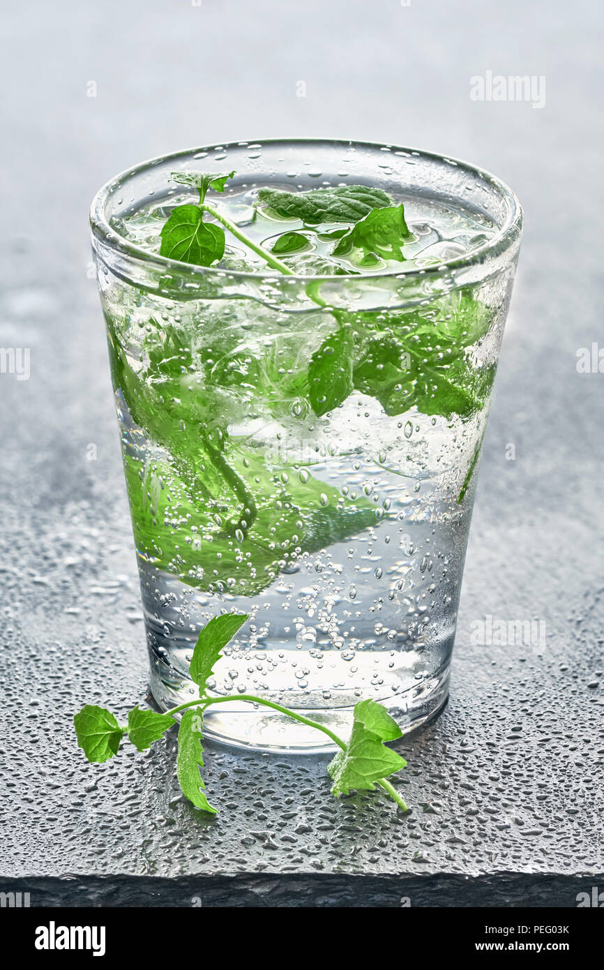Glass of mineral carbonated water with crushed ice and mint leaves on gray wet stone background ...