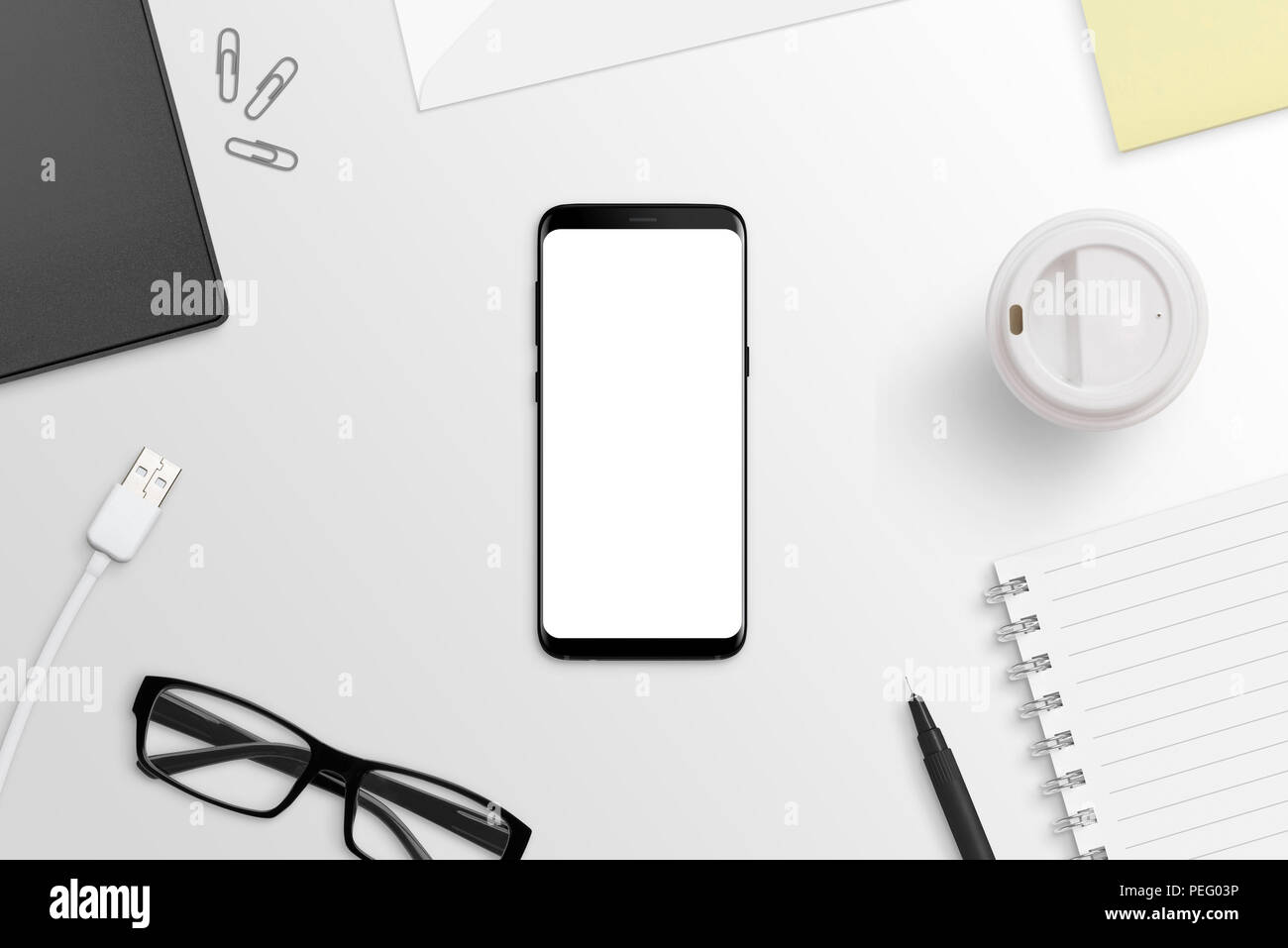 Phone with round edges on white desk. Isolated screen for app or web ...