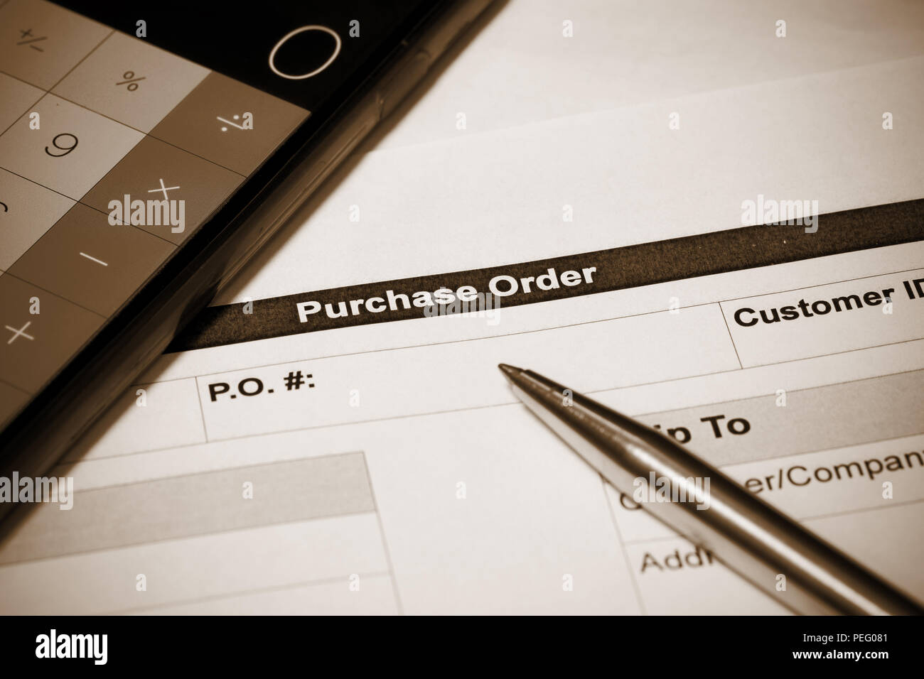 Purchasing order document, calculator and pen. Monotone and vintage ...