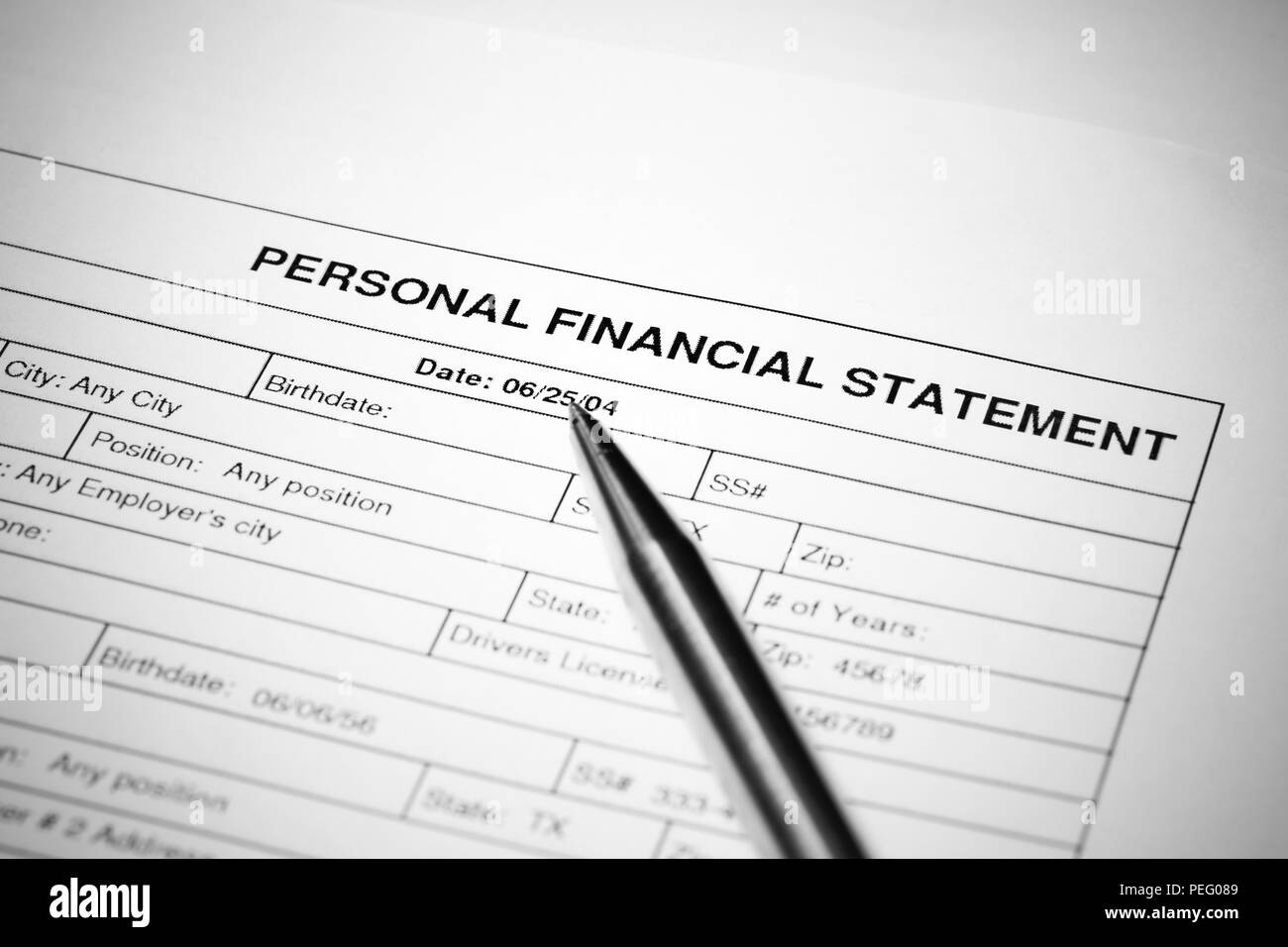 Personal financial statement document and pen. Monotone effect Stock ...