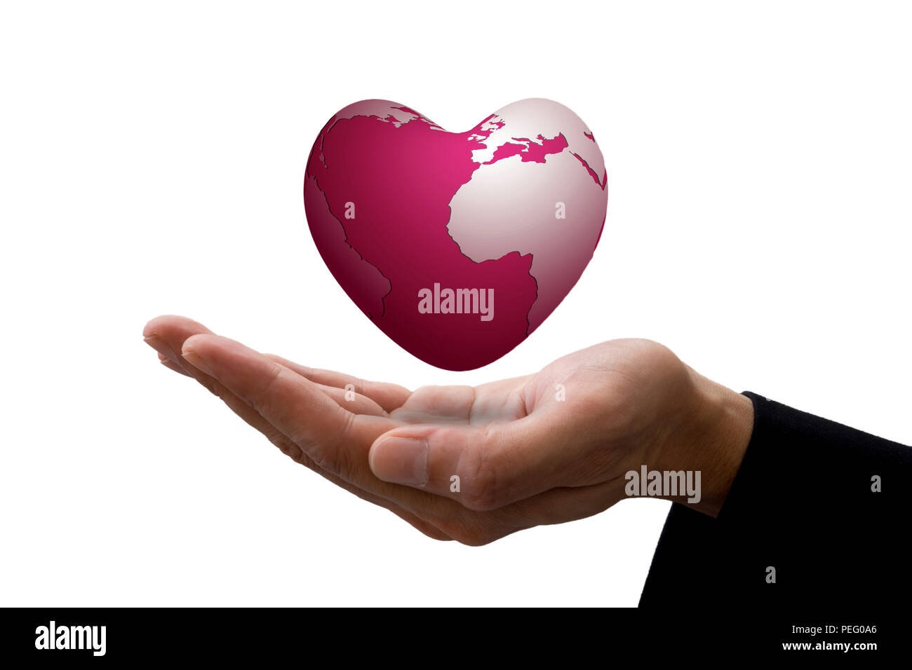 Businessman the pink earth heart above his hand represent global ...