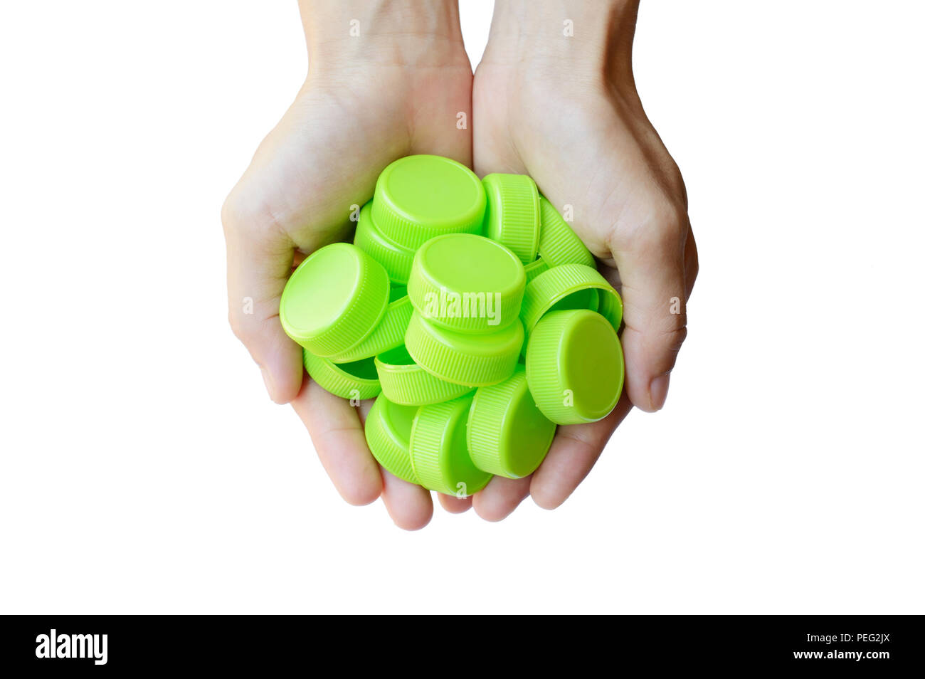 woman hand holding green plastic bottle cap isolated on white ...