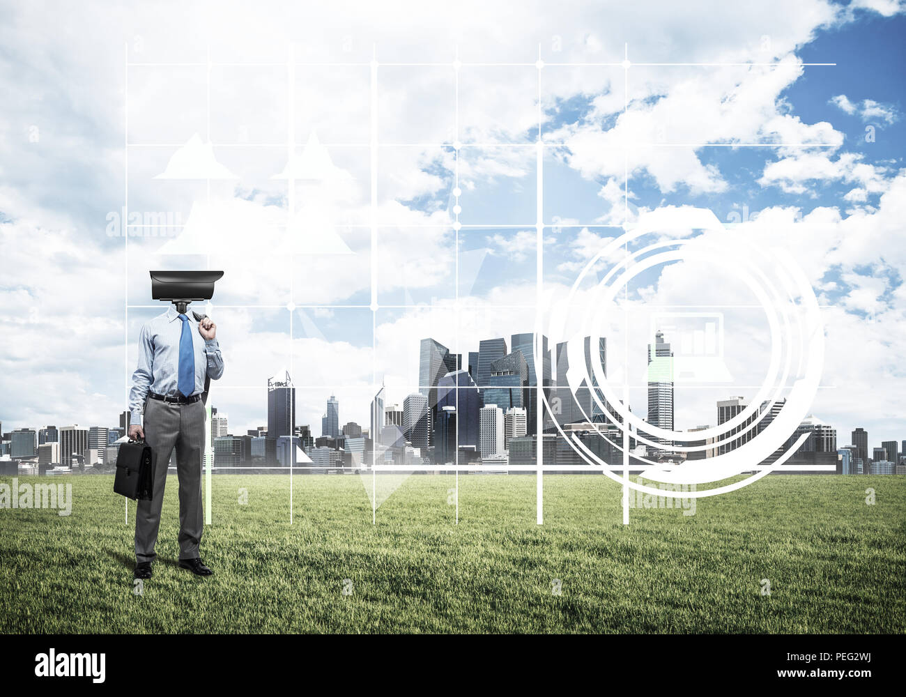 Camera headed man standing on green grass against modern citysca Stock ...