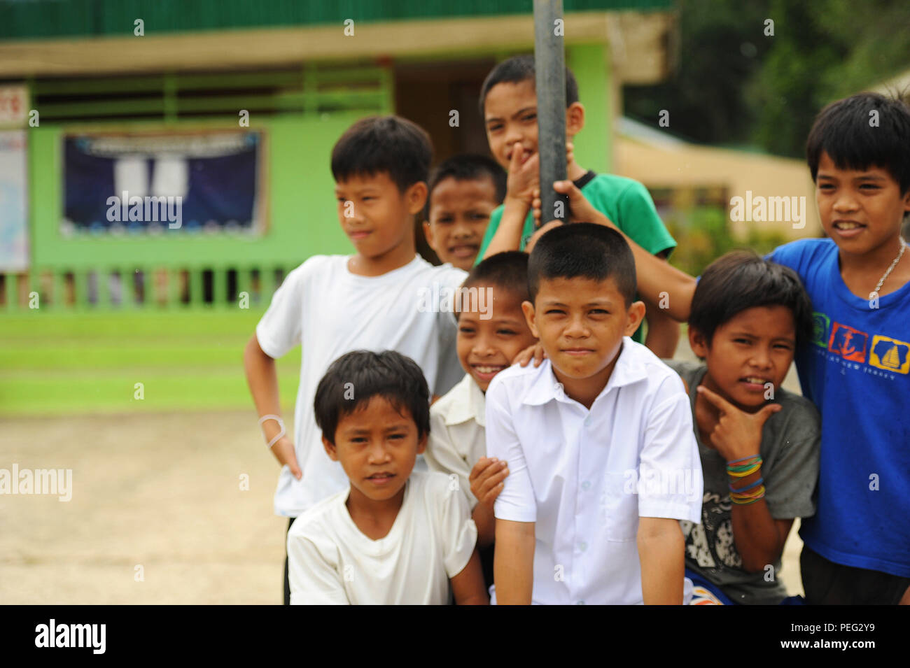 Children from Dao Elementary School stand outside their class room Bohol Provence, Philippines ...