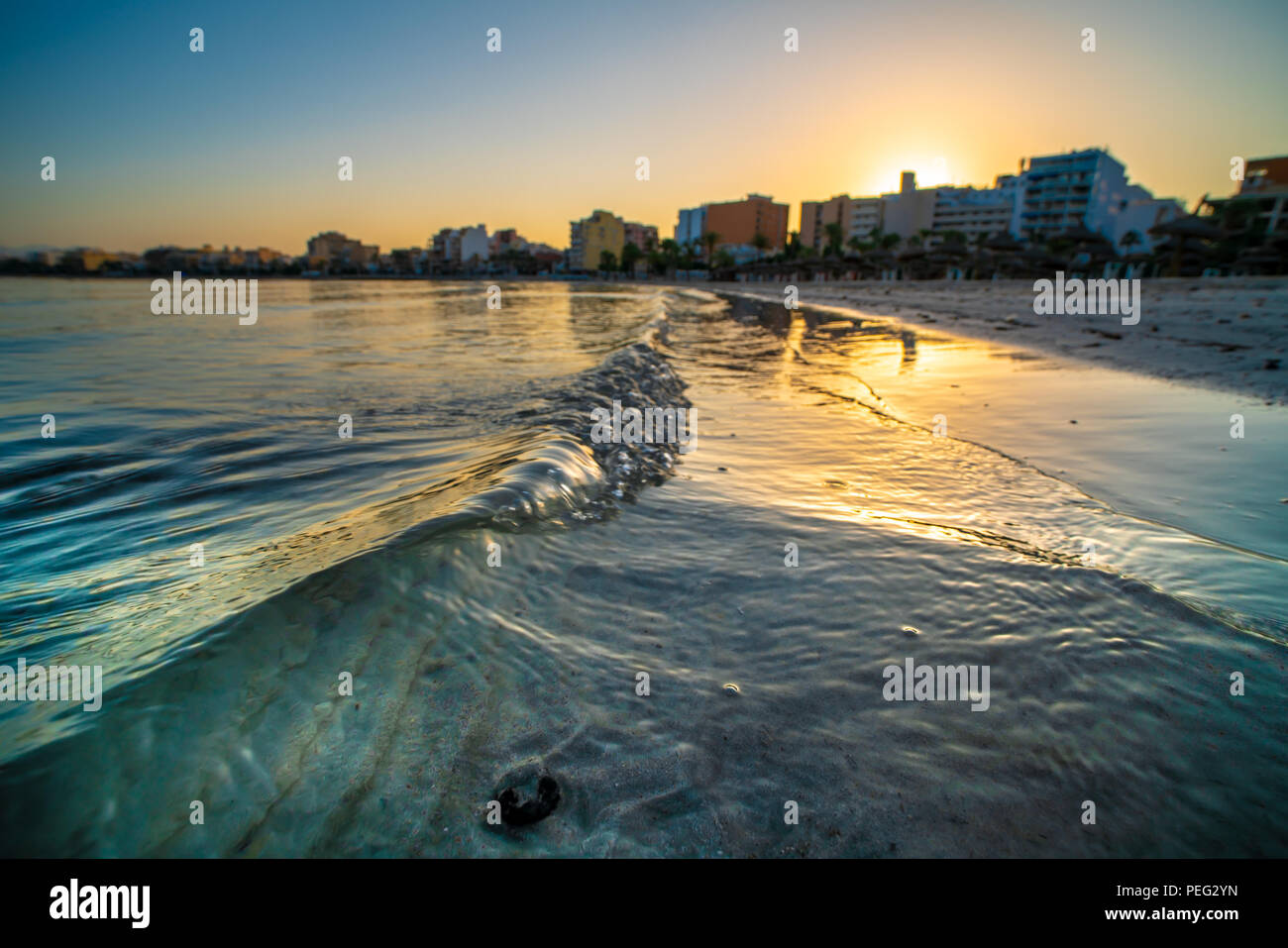 Wavy curves of sea is covered in golden sunset light. Sea at sunset ...