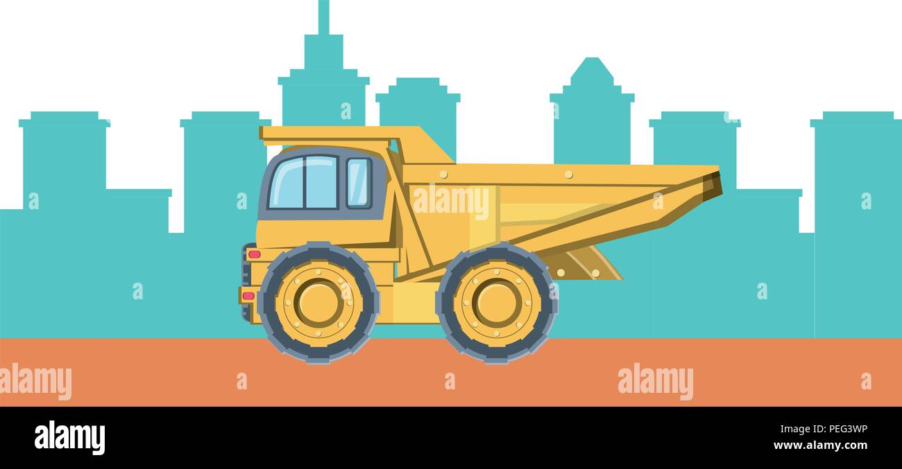 dump truck icon over city buildings and white background, vector ...