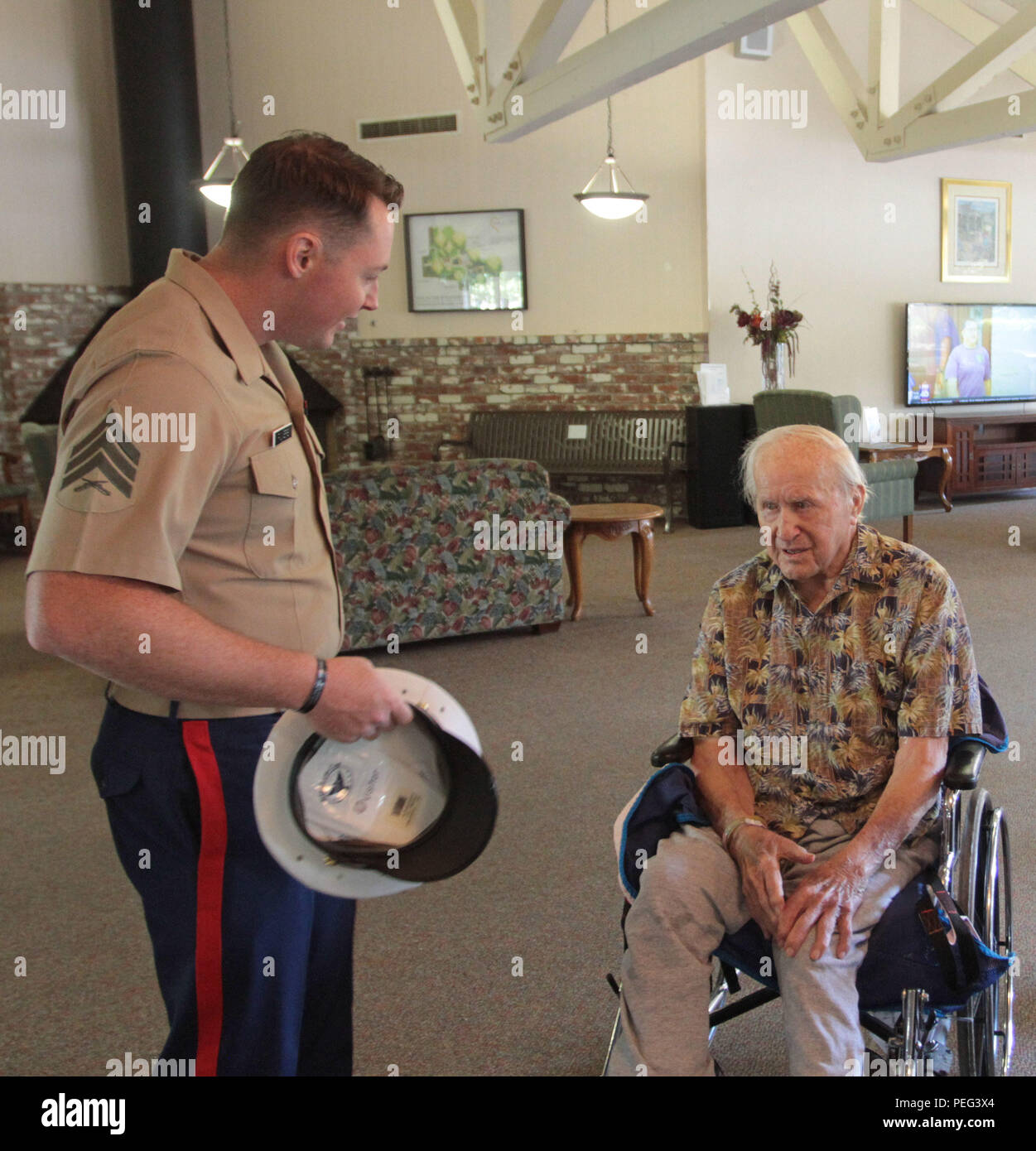 A 100-year-old Marine, Michael Kolesar, meets with Sgt. Robert S ...