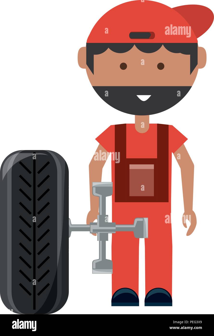 cartoon mechanic with a wheel and cross piece over white background ...