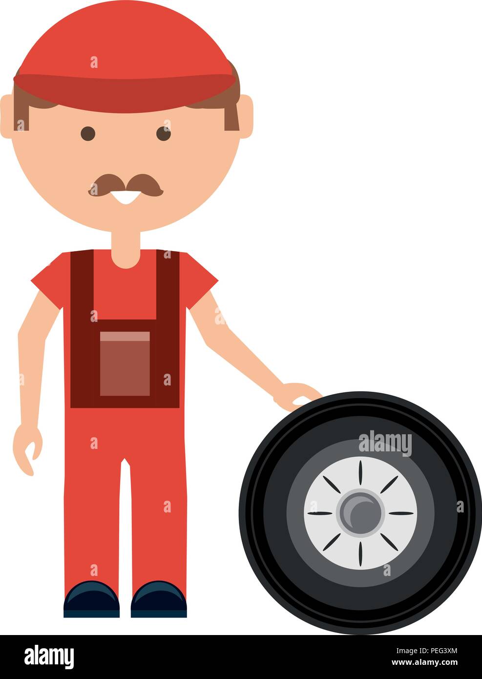 cartoon mechanic and car wheel over white background, vector ...