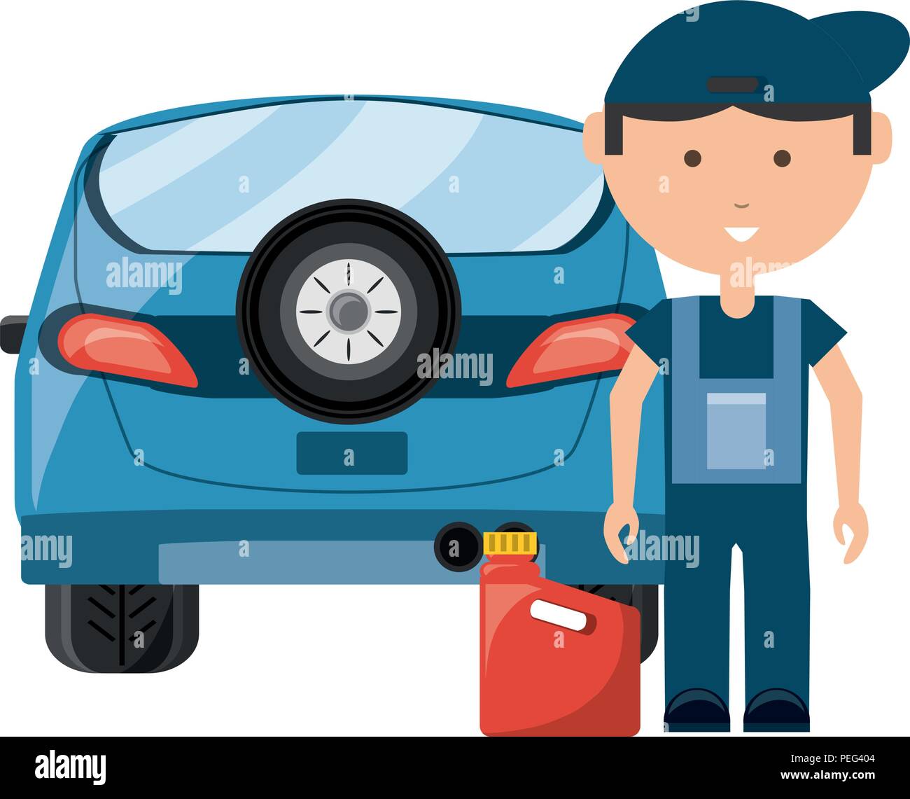 cartoon mechanic with car and galon over white background, vector ...