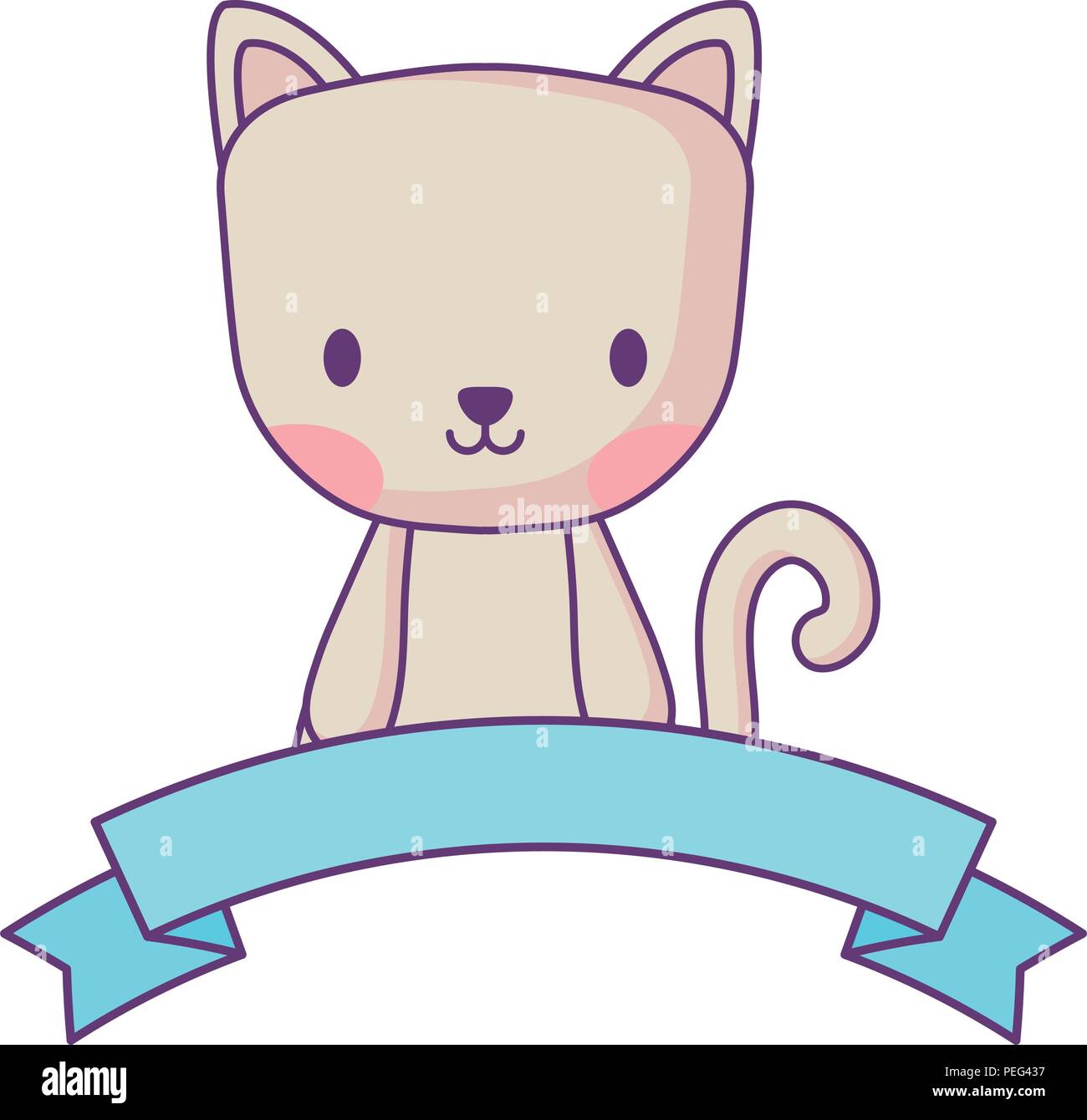 decorative ribbon and cute cat icon over white background, vector ...