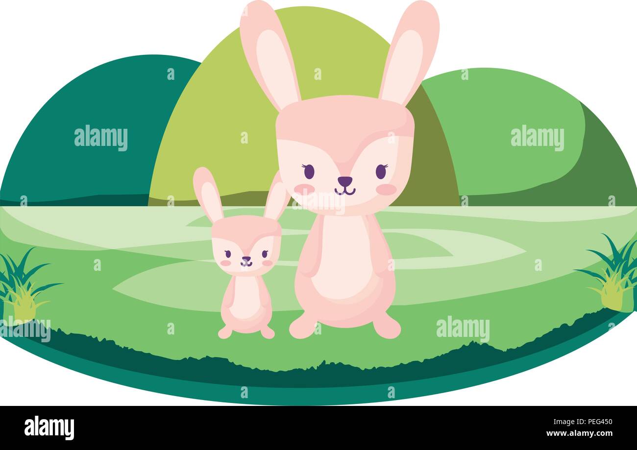 cute rabbits in the grass over white background, vector illustration ...