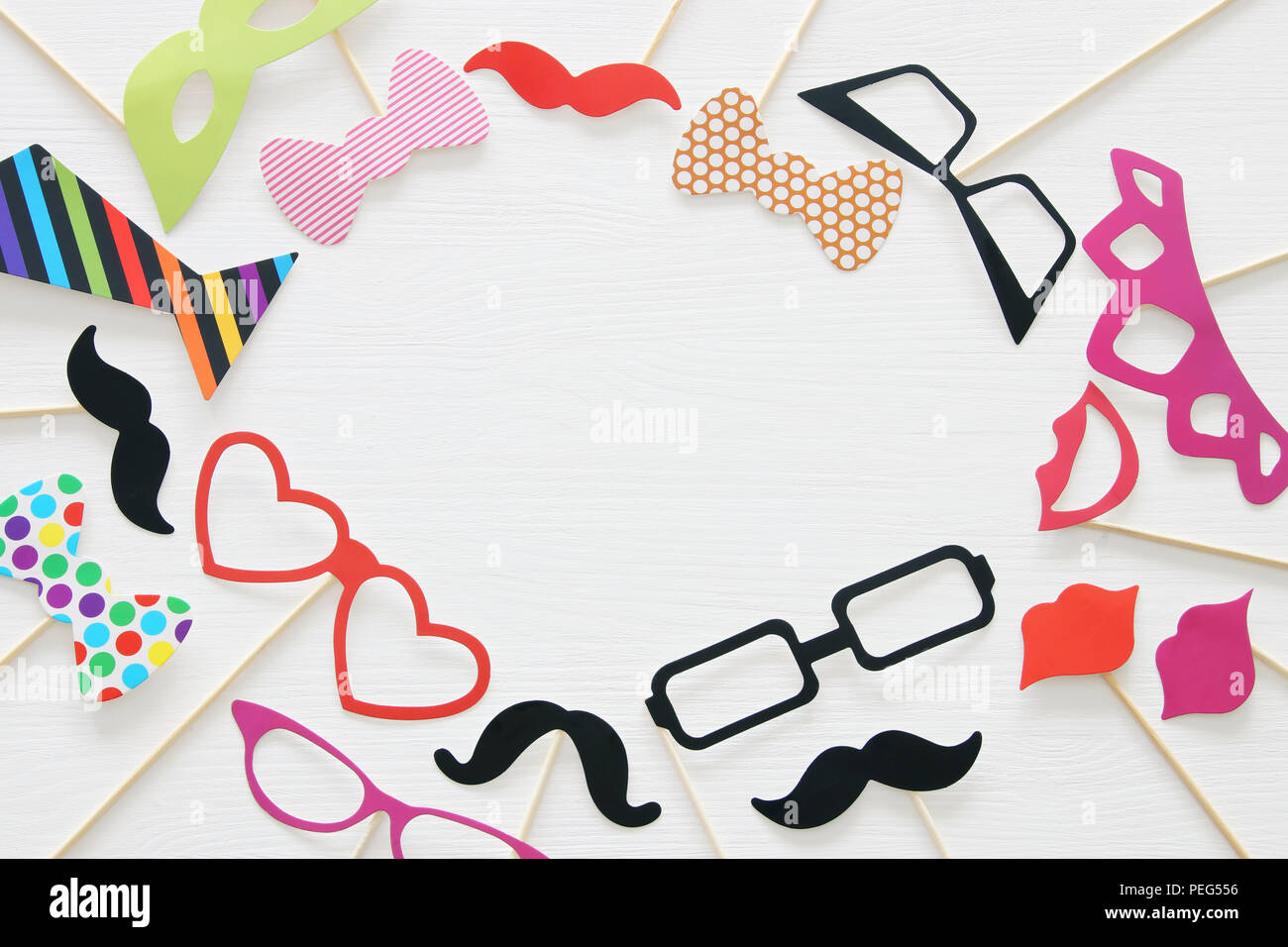 Top view image of funny and colorful photo booth props for party over ...