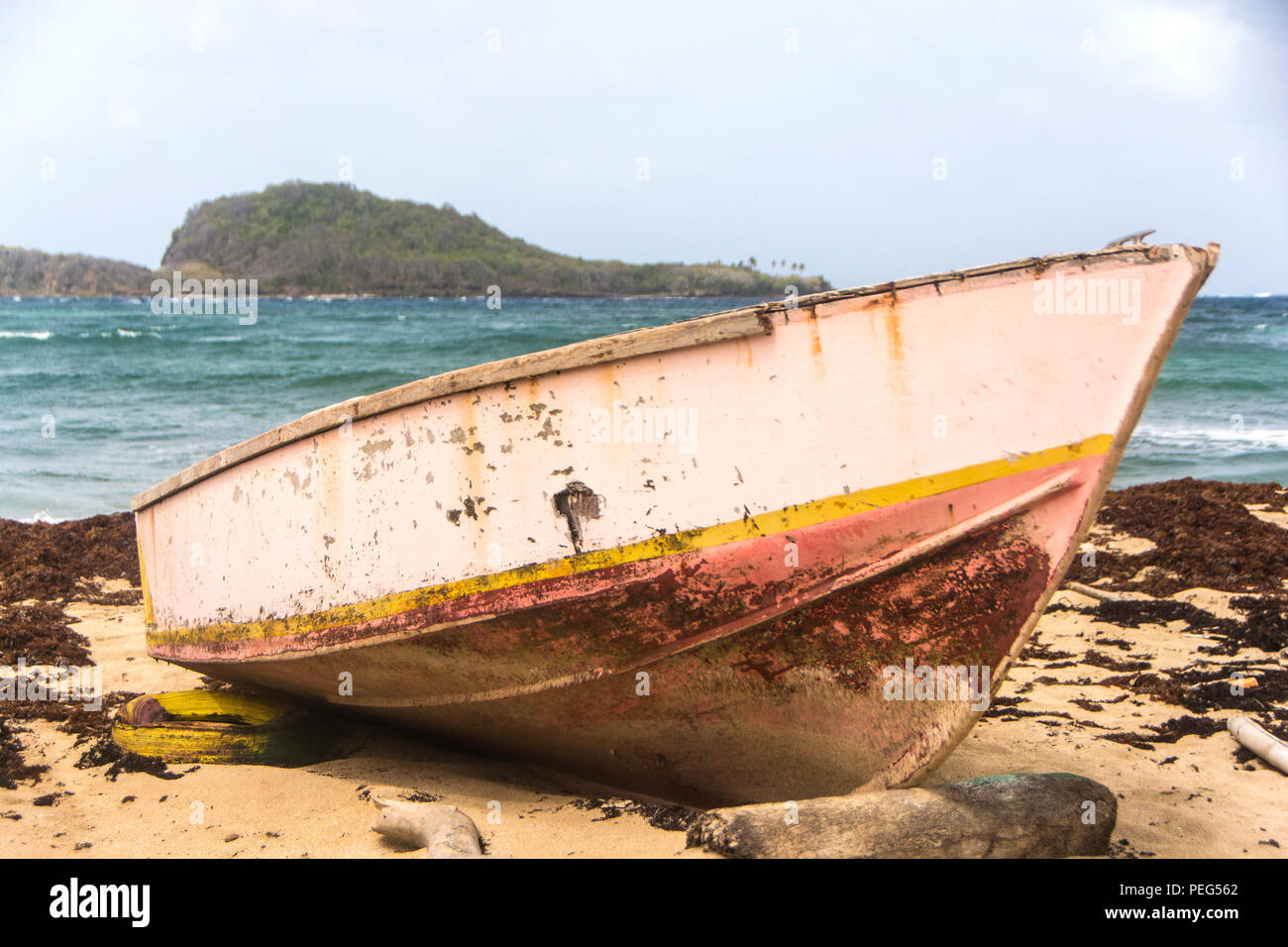 An old abandoned fishing boat, Levera Beach, Grenada Island Stock Photo ...