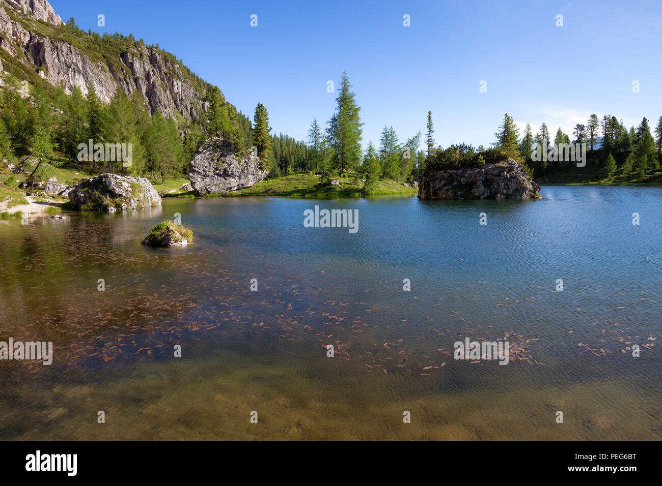 Alpine mountain summer lake at sunny day. Dolomites Alps, Italy Stock ...