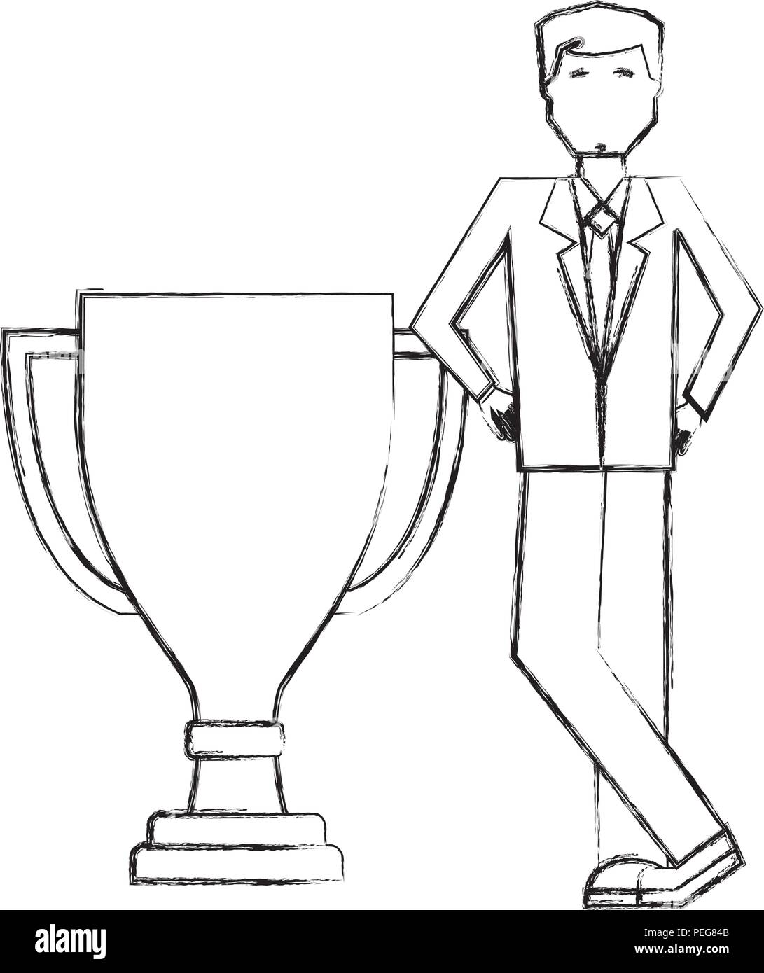 businessman in suit with trophy cup success work hand drawing Stock ...