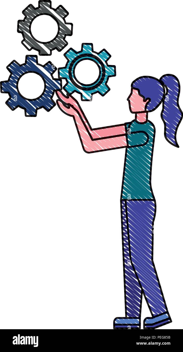 woman holding gears team work success color drawing Stock Vector Image ...
