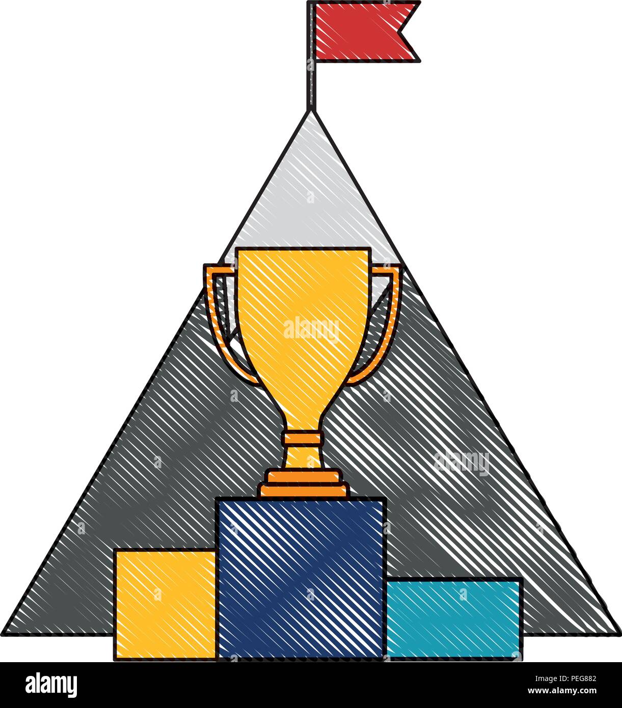 business success trophy mountain with flag color drawing Stock Vector ...