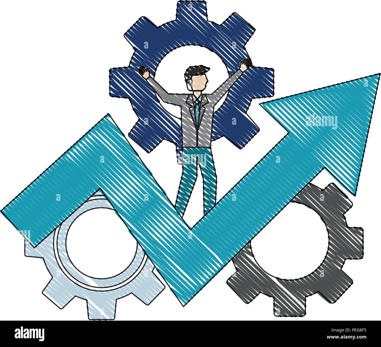 businessman on success arrow business gears color drawing Stock Vector ...