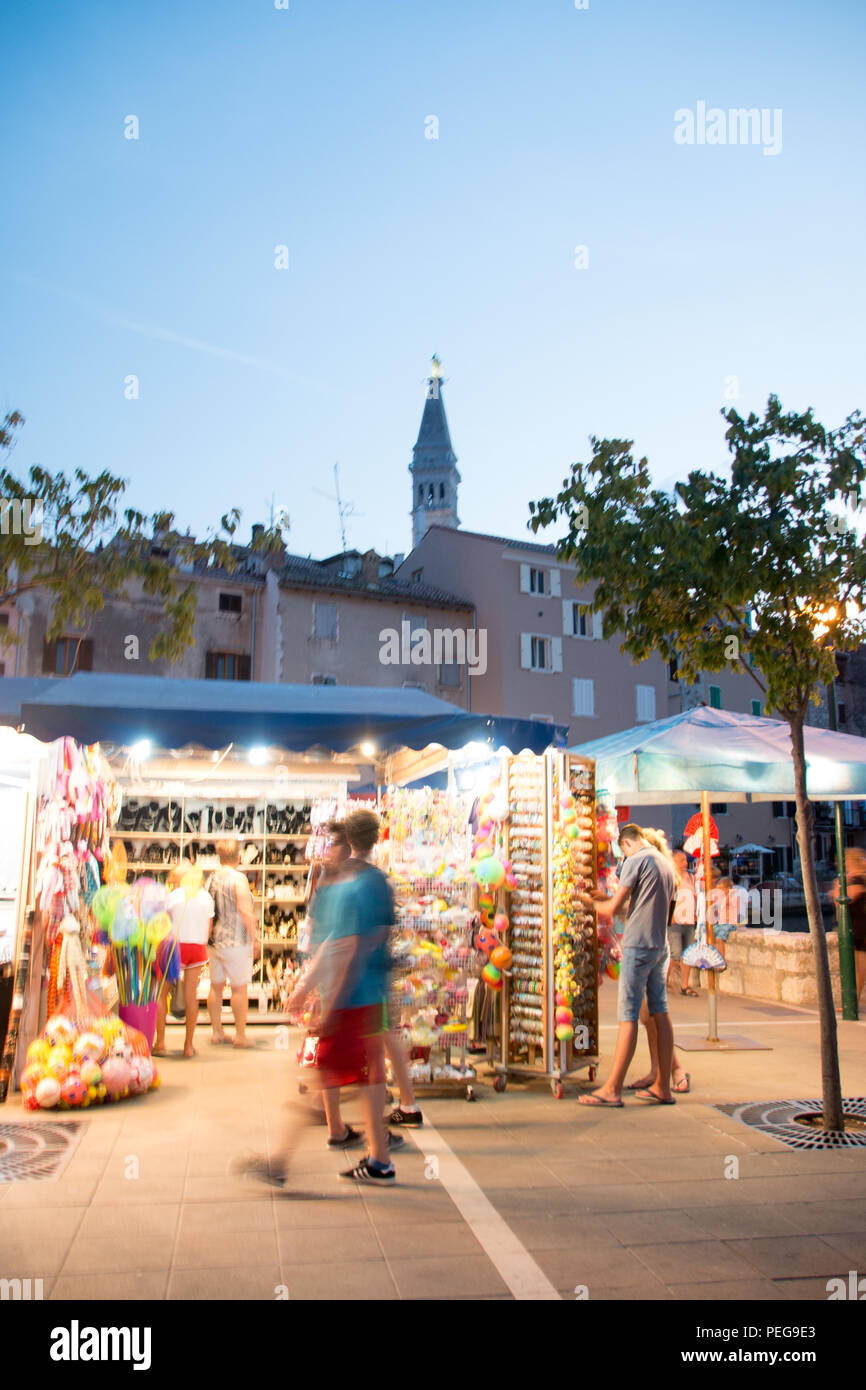 Rovinj, Croatia - July 24, 2018: View of the night market of Rovinj ...